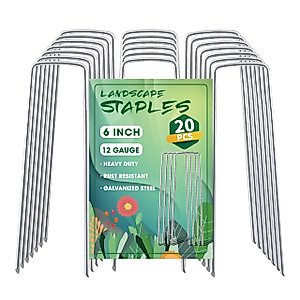 6 Inch Landscape Staples, Galvanized Garden Stakes, U-Shaped Weed Barrier Stakes, Garden Staples for Weed Barrier Stakes, Landscape Fabric Stakes, Soaker Hose Stakes (20 Pack)