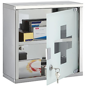 Timgle First Aid Wall Cabinet with Lock Medicine Cabinet Wall Mounted Bathroom Storage Hanging Medical Cabinet with Safety Glass Door for Bathroom Locker Room(Silver, 2 Shelves)