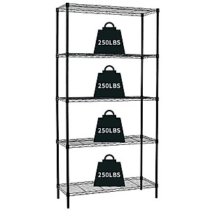 5-Tier Storage Shelves Adjustable,Wire Shelving Heavy Duty Storage Rack(250 Lbs Loading Capacity/Shelf) Metal Shelf Organizer Wire Rack Shelf for Pantry Garage Kitchen 36" D x14 W x 72" H -Black