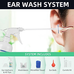 Ear Wax Removal Tool, Ear Cleaning Kits Safe Ear Irrigation Kit Ear Flush Kit for Adults Kid, Ear Wax Washer Device Easy to Operate, includes Basin, Syringe, Curette Kit, Towel and 40 Disposable Tips