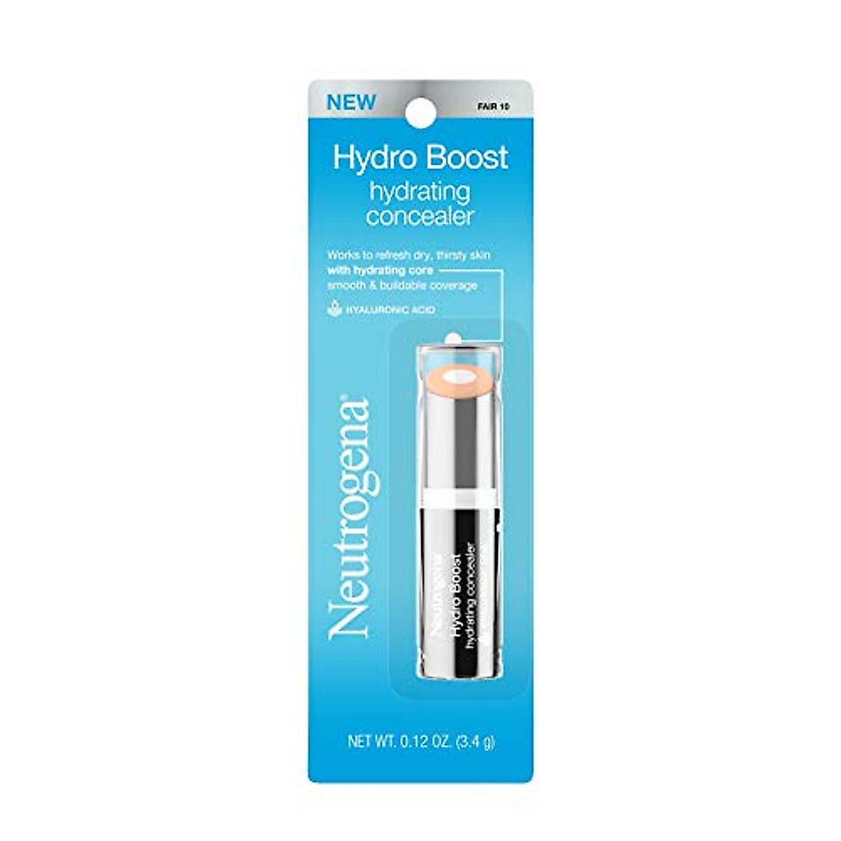Neutrogena Hydro Boost Hydrating Concealer Stick for Dry Skin, Oil-Free, Lightweight, Non-Greasy and Non-Comedogenic Cover-Up Makeup with Hyaluronic Acid, 10/Fair, 0.12 Oz