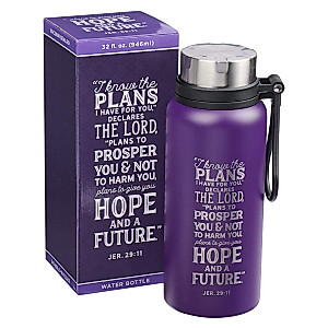 Christian Art Gifts Hope and A Future Jeremiah 29:11 Laser Engraved Purple Stainless Steel Double Wall Vacuum Insulated Water Bottle w/Carry Handle Strap Lid for Women, All Day Hot/Cold, 32 oz.