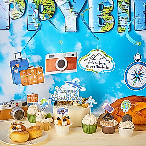 Zonon 38 Pieces Travel Theme Birthday Party Decorations The Place You'll Go Birthday Banner Let The Adventure Begin Hanging Swirls Bon Voyage Cake Toppers for Birthday Baby Shower Party Supplies