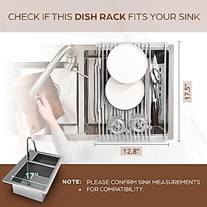 BELLE TERRE Roll Up Dish Drying Rack for Kitchen Sink - 17.5" x 12.8" - Silicone Roll-Up Dish Rack with Utensil Tray - Roll Out Dish Drying Rack Over Sink - Solid Steel Construction