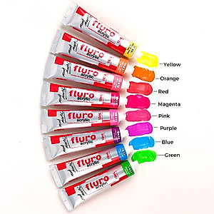 Mont Marte Fluoro Acrylic Paint Intro Set, 8 x 0.61oz (18ml) Tubes, 8 Colours, Suitable for Use with Canvas, Card, Paper and Wood