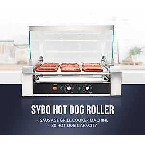 SYBO Hot Dog Roller, 30 Hot Dogs 11 Rollers Grill Cooker Machine with Removable Stainless Steel Drip Tray and Glass Hood Cover, 1430-Watts, Perfect for Commercial And Party