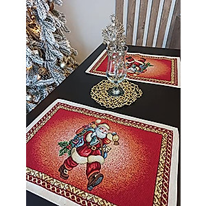 Christmas Placemats with Santa Set of 2 Red Fabric Holiday Glitter with gold Lurex (set of 2) Size:13in X 19in (34cm X 49cm)