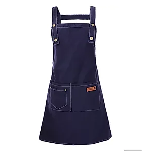 Adjustable Canvas Bib Apron With 3 Pockets Cooking Kitchen Artist Apron For Women Men (Blue)