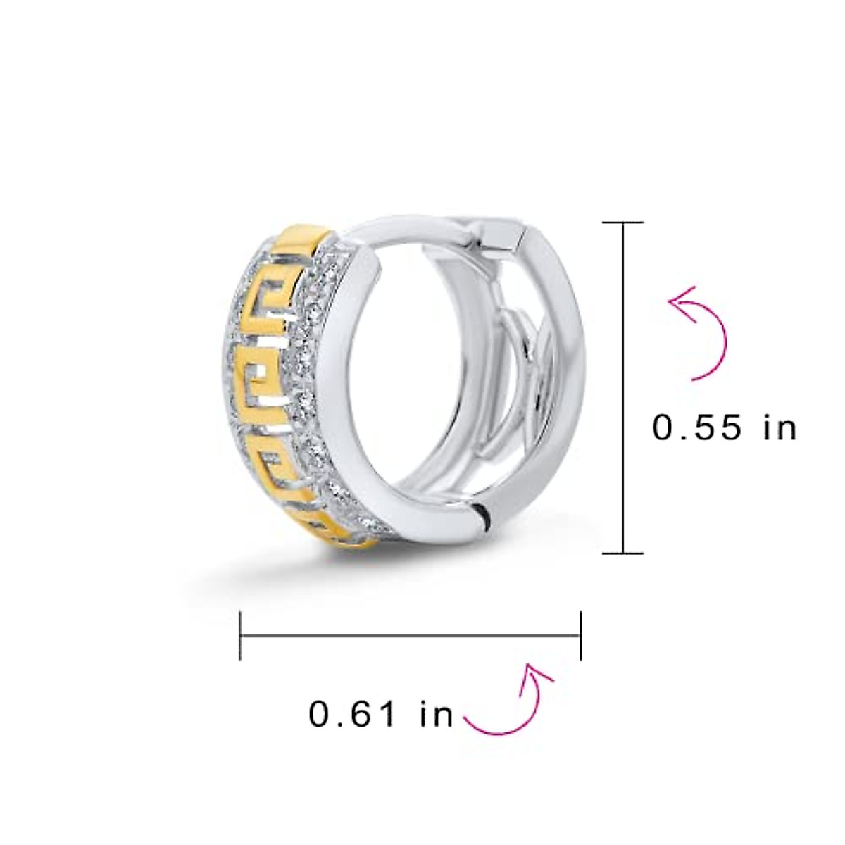 Two Tone Greek Key Cutout Huggie Hoop Earrings For Women For Men Cubic Zirconia CZ 14K Gold Plated .925 Sterling Silver