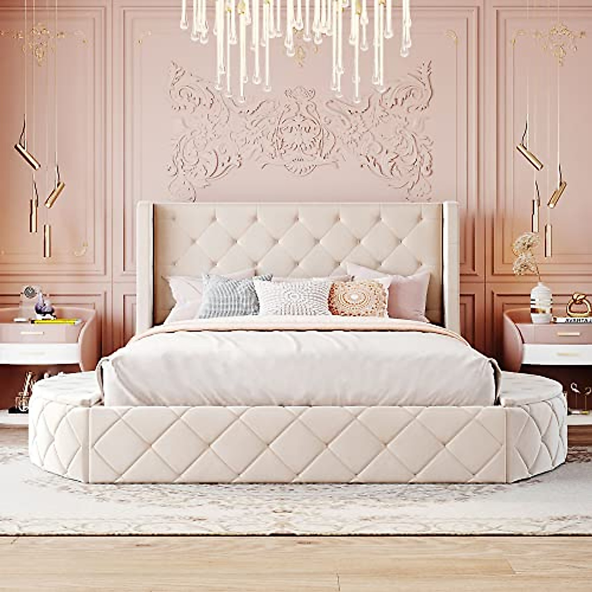 YUNLife&Home Upholstered Queen Size Platform Storage Bed with Wingback Headboard, 1 Big Drawer and 2 Side Storage Stool, Velvet Upholstered Bed Frame, Wooden Bed Frame, No Box Spring Needed