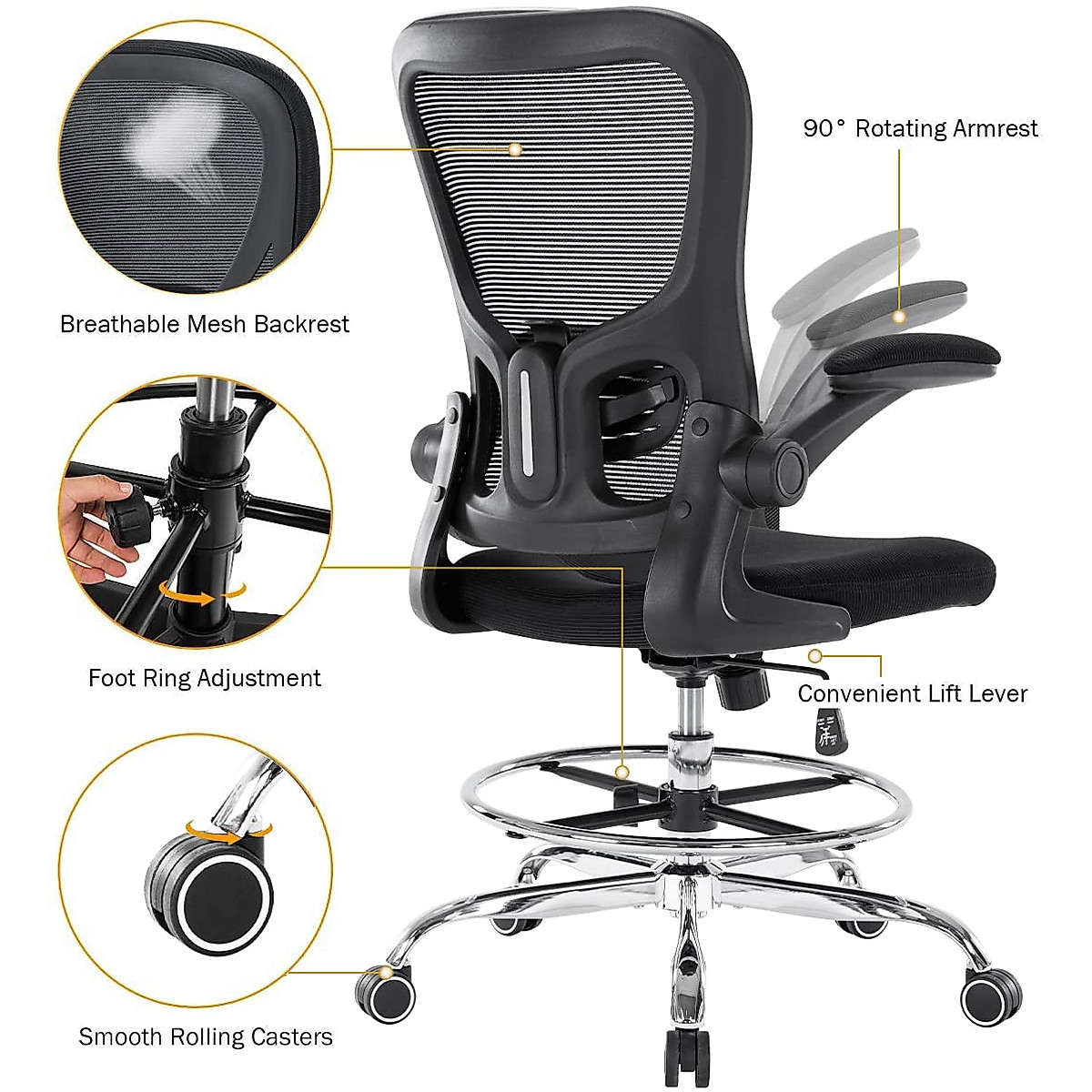 Hramk Ergonomic Office Drafting Desk Chair with Flip up Arms, Mesh Back Tall Office Chair with Adjustable Lumbar Support and Foot Ring (Metal Wheelbase, Black)