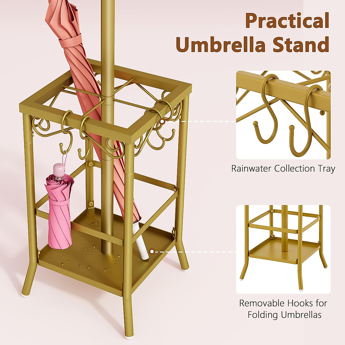 Hoctieon Coat Rack Freestanding, Coat Hanger Stand,Umbrella Holder, Hall Tree With 12 Hooks, Standing Coat Rack,Floor Standing Metal Umbrella Tree Stand, Gold