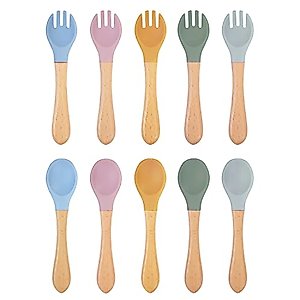 10 Pieces Bamboo Baby Spoons & Baby Forks Set, Chewable Baby Utensils for Self-Feeding, Bamboo and Silicone Baby Utensils, Kids Utensils for Over 6 Months Babies