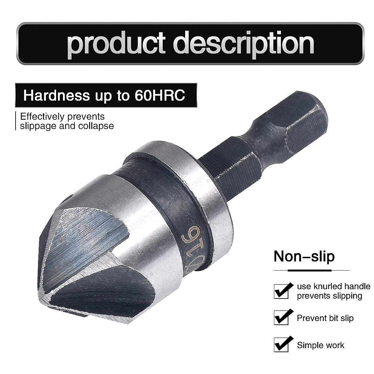 HOHXEN 3Pcs 1/4'' Hex 5 Flute 90 Degree 1/2'' 5/8'' 3/4'' Countersink Drill Bit for Wood Metal Quick Change Set
