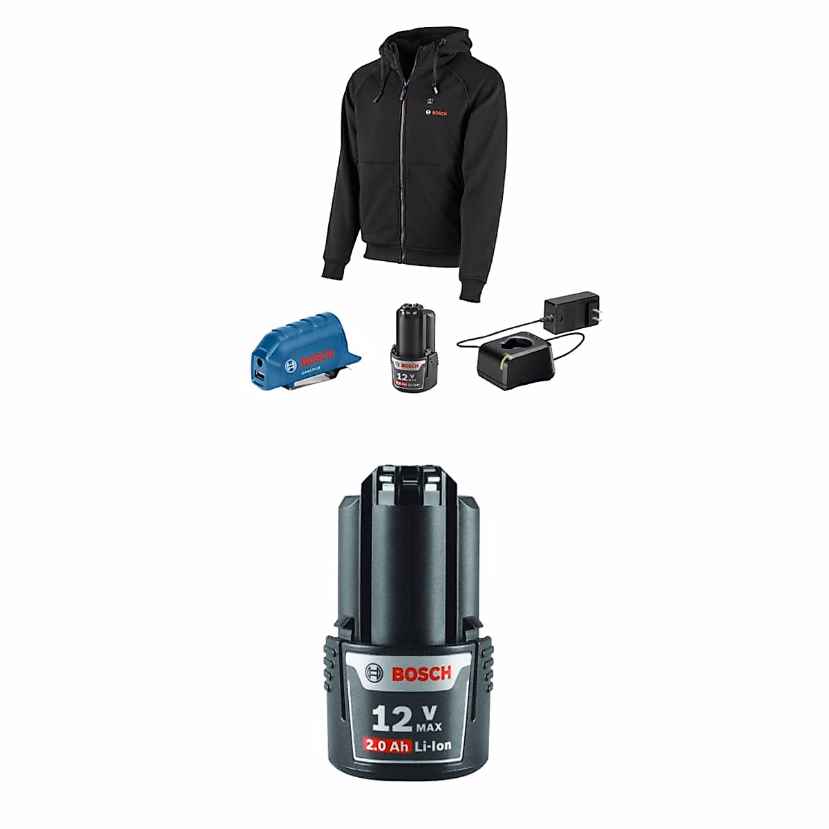 Bosch GHH12V-20XXLN12 12V Max Heated Hoodie Kit with Portable Power Adapter - Size XXLarge with Bosch 12-Volt Lithium-Ion 2.0Ah Battery