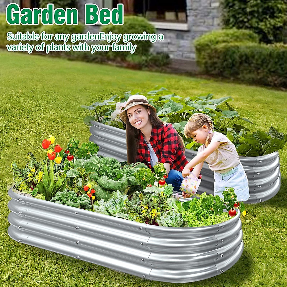 MOFEEZ Galvanized Raised Garden Bed Kit, 4x2x1 Ft Galvanized Planter Raised Beds, Oval Large Metal Raised Garden Beds Outdoor for Vegetables, Flowers, Herbs, and Fruits