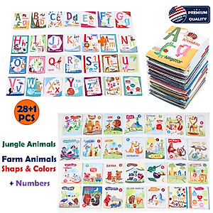 Alphabet Baby Toy Gift, Soft Cloth Alphabet Cards 28PCS, ABC Learning Flash Cards with Bag, Early Educational Learning Toys for Babies Infants Toddlers 1-2 2-4 Years Boys Girls, & Animal Guide Book