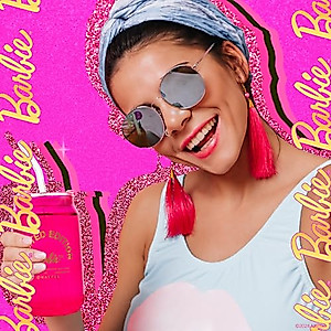 Dragon Glassware x Barbie Drinking Glasses - Pink and Magenta - 16 oz Can Shaped Glass Cups with Lids and Straws Set of 4 - Iced Coffee Cups with Lids - Glass Tumbler with Straw and Lid