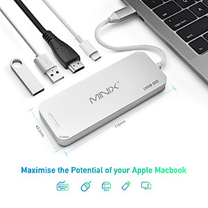 MINIX Storage, 120GB SSD Aluminum USB-C Multiport SSD Storage Hub with Display Output 4K @ 30Hz, 2 x USB 3.0 and USB-C for Power Delivery, Compatible for Apple MacBook. (Silver)