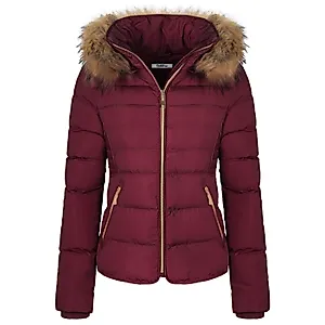 BodiLove Thickened Winter Puffer Jacket with Removable Faux Fur Hood Fleece Lining Burgundy