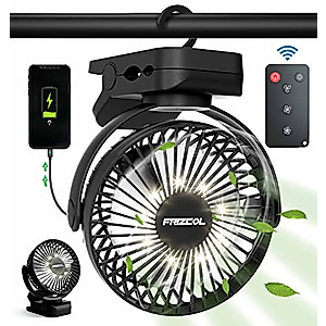 Portable Clip on Fan 65 Working Hours, Camping Fan with LED Lights & Hook, 12000 Capacity Battery Operated Fan with Clamp, USB Rechargeable for Desk, Tent, Treadmill, Stroller, Golf Cart, Home