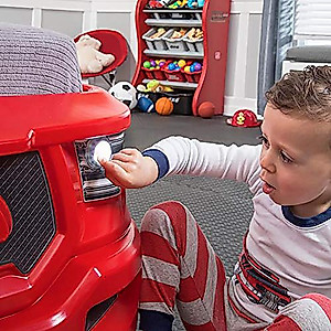 Step2 Turbocharged Twin Size Truck Car Bed – Vibrant Red Realistic Truck Toddler Bed with Tires, Rims, Decals, and Working Headlights – Built-In Storage – Truck-Themed Twin-Size Bed