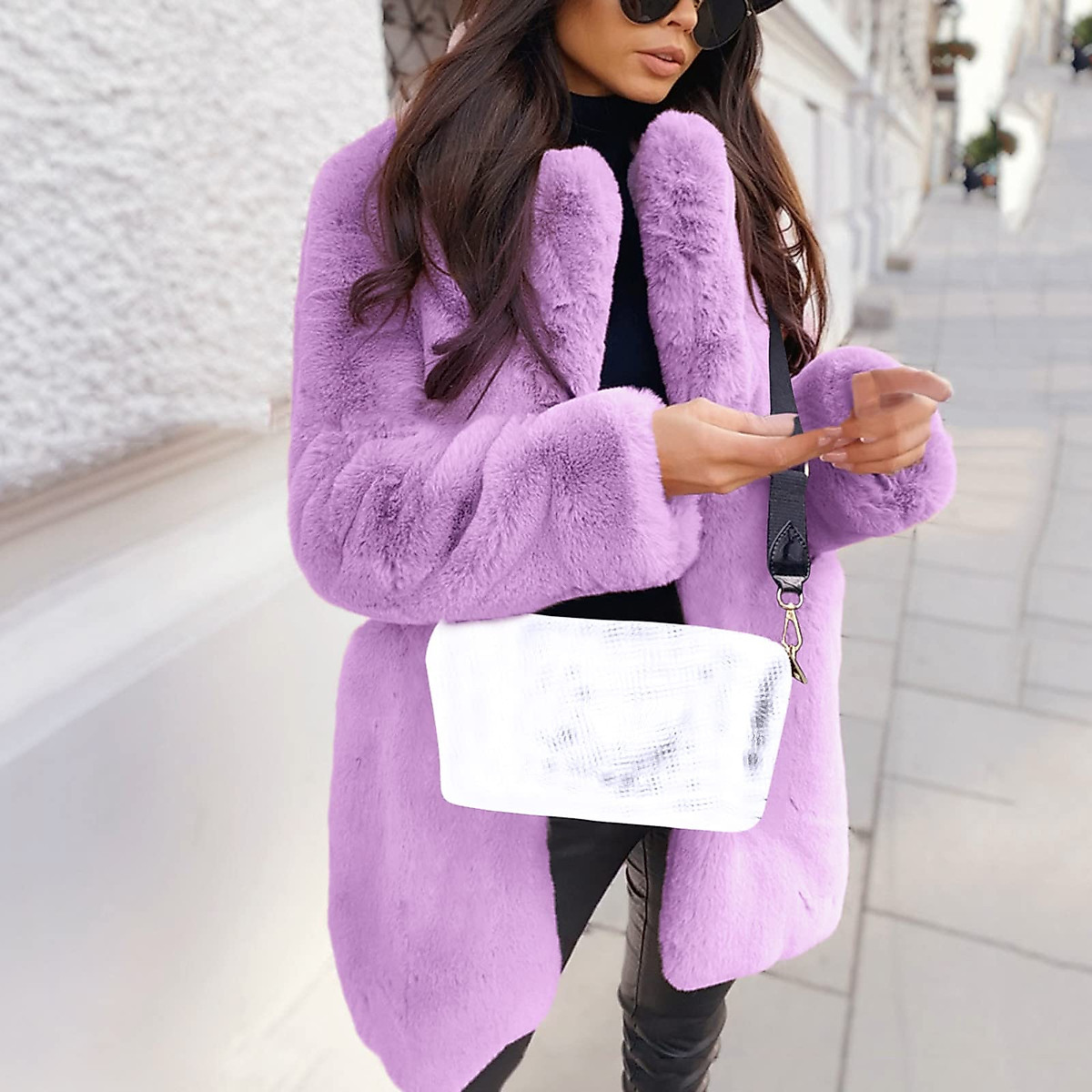 MOKINGTOP Winter Coat,Women’s Faux Fur Coat Winter Warm Coats Furry Fuzzy Outerwear Hidden Button Soild Label Luxury Long Jacket for Party Purple Coats For Women