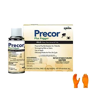 Precor Plus 3 can Fogger - Large Area Flea Treatment | Premium USA Supply Gloves for Safe Eradication | USA Supply Pest ID Card