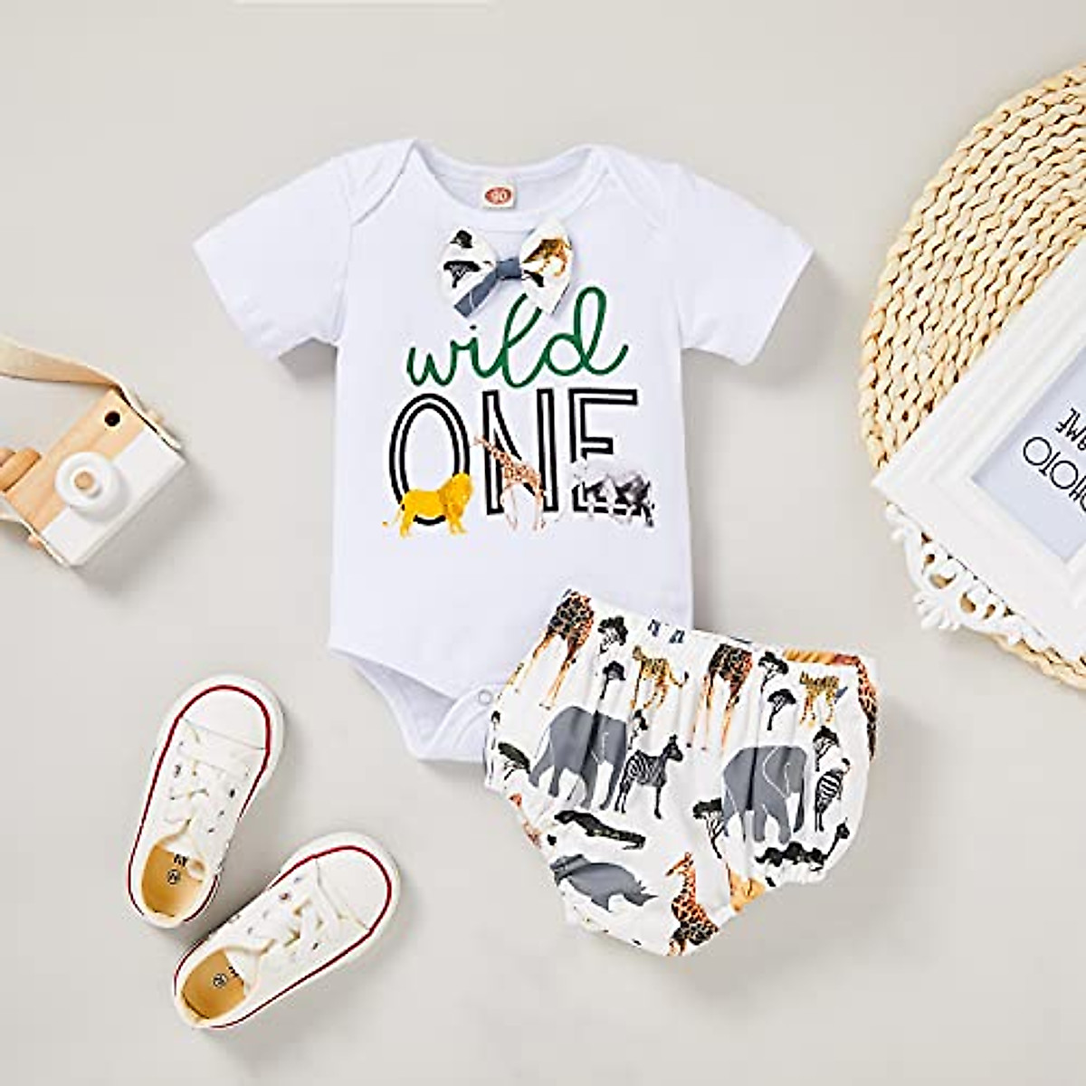 GRNSHTS Baby Kids 1st Birthday Shorts Set Infant Boy Girl Wild One Animal Romper Bodysuit Cake Smash Party Clothes(White,12-15M)