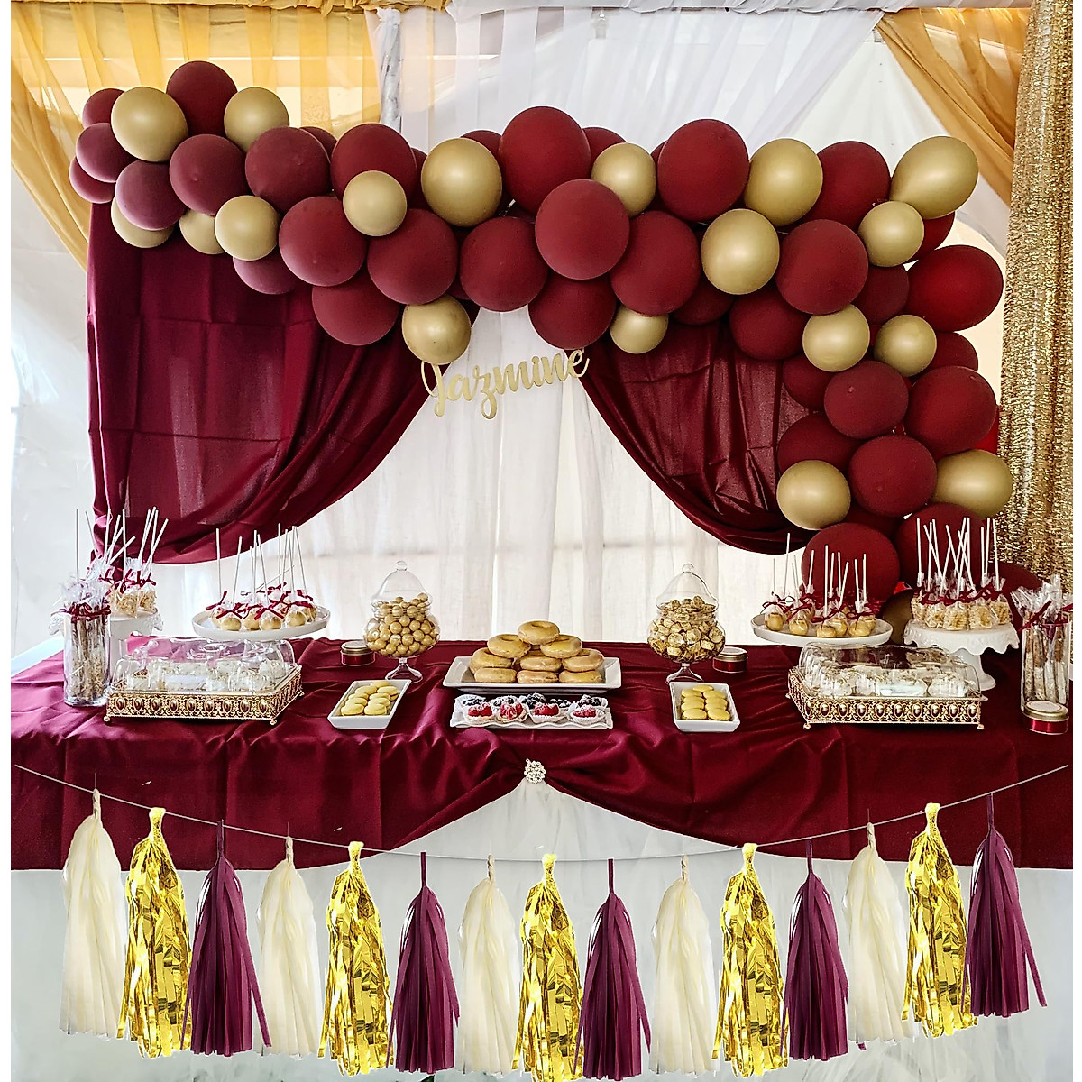 15PCS Burgundy Maroon Gold Beige Party Tissue Tassel Garland Hanging Banner Streamers Graduation Fall Bridal Baby Shower Wedding Birthday Nursery Classroom Décor