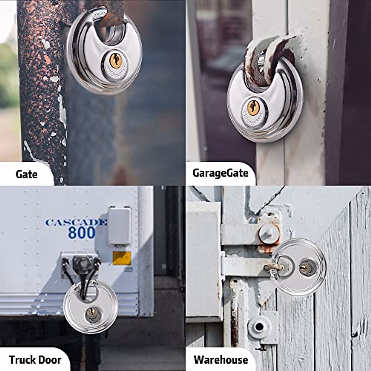 HonesaLoc Disc Padlock Outdoor, 2 Pack Heavy Duty Stainless Steel Discus Padlock, Waterproof Combo Gate Lock with Key for Storage Locker, Garages Warehouse, Sheds and Fence