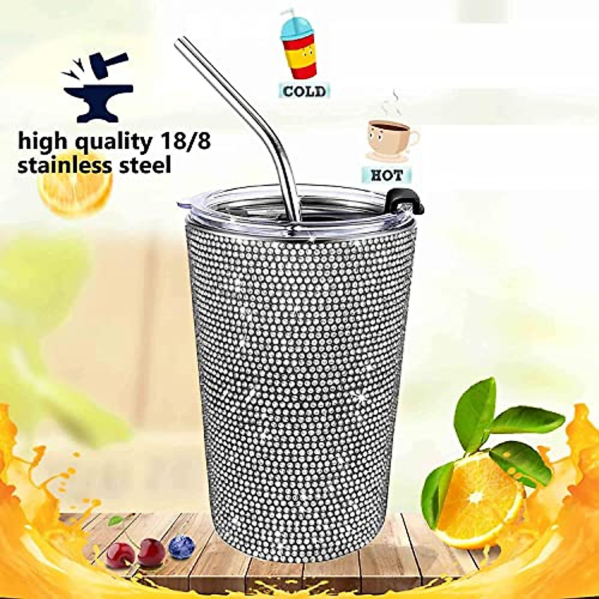 Bling Diamond Straw Cup,17oz Stainless Steel Thermal Bottle,Vacuum Double Wall Insulated Cup Glitter Water Bottle,Bling Cup, Leak-Proof Insulated Coffee Cup for Gym Fitness Travel Office Use (silver)