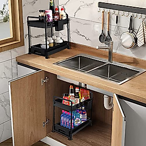 UBeesize 2 Pack Bathroom Organizer Basket Drawers, Slide Out Under Sink Cabinet Organizers and Storage for Bathroom Countertop Bathroom Sink Organizer with Hooks and Cups,Pull Out Under Sink Shelf