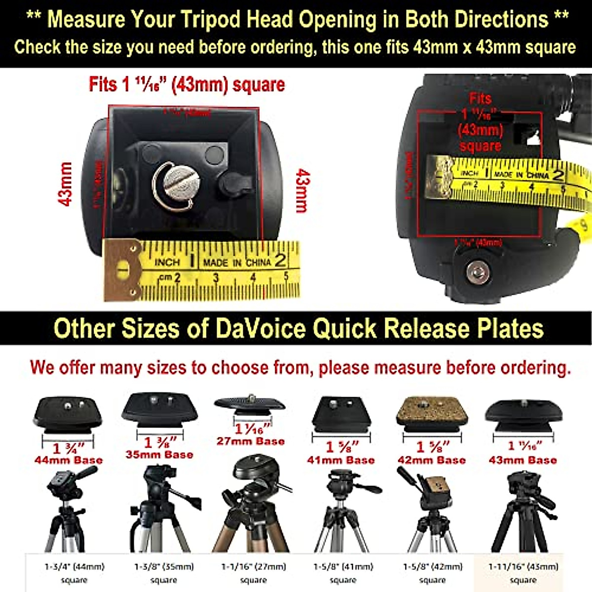 DaVoice 43mm Tripod Quick Release Plate Camera Mounting Adapter Parts Replacement for Torjim 60-Inch AX60, Endurax 66" ETR66, UBeesize 60” TR60, Zomei Q111, KingJoy, Victiv, Mactrem PT55 Tripod Mount