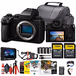 Panasonic Lumix S5 IIX Mirrorless Camera (DC-S5M2XBODY) + 4K Monitor + 2 x 64GB Memory Card + Corel Photo Software + 3 x DMW-BLK22 Battery + Triple Shoe Bracket + Charger + LED Light + More