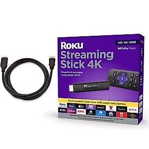 Roku Streaming Stick 4K 2021 Streaming Device with Roku Voice Remote and TV Controls 4K/HDR/Dolby Vision & Bundle Swanky Cables HDMI Cable