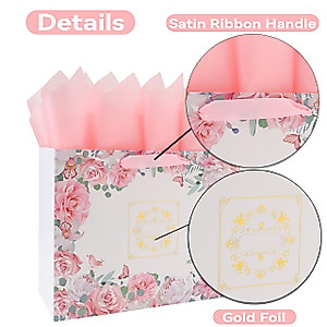 13” Large Pink Roses Gift Bag Set with Handles, Greeting Card, Tissue Papers and Stickers for Women Girls for Birthday, Wedding, Anniversary and Mother’s Day, Gold Foil Flowers Design, 1 Pcs