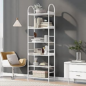 70.8 inch Tall Bookcase Book Organizer 6 Tier Industrial Rustic Bookshelf Storage Display Shelves with Round Top Frame Adjustable Foot Pad Open Metal Farmhouse Wooden Book Shelf,for Room/Office,White