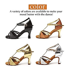 SWDZM Women Satin Latin Dance Shoes T-Strip Ballroom Salsa Chacha Performance Practice Dancing Shoes,809 Heel 3",Silver 7.5 US