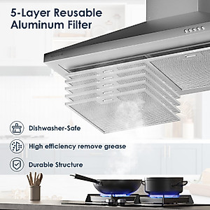 SOONYE 450 CFM 30 inch Range Hood, Stainless Steel Wall Mount Vent Hood, Convertible to Ductless/Ducted with LED Lights, 3 Speed Exhaust Fan