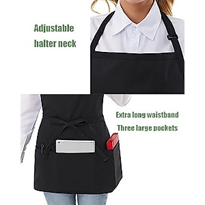 Y.F.H sunbest Chef Apron 3 Pocket Short Apron Adjustable Halter Apron Waitress Apron Kitchen Aprons for Cooking Women Black