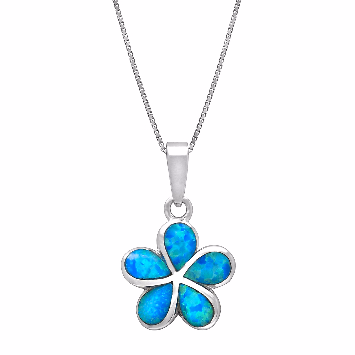 Honolulu Jewelry Company Sterling Silver Plumeria Flower Necklace Pendant with Simulated Blue Opal (19mm)