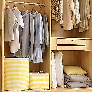 Sea Team 2-Pack Collapsible Canvas Fabric Storage Basket with Handles, Rectangle Waterproof Storage Bin, Box, Cube, Foldable Shelf Basket, Closet Organizer, 16.5 x 11.8 x 9.8 Inches, Yellow Stripe