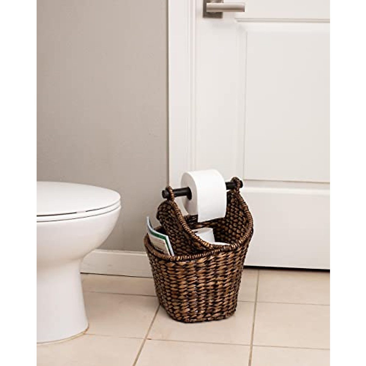 BirdRock Home Seagrass Magazine and Bathroom Basket - Hand Woven Toilet Paper Holder with Pocket - Grey Wash - Stylish Decorative Design - Wooden Basket Décor - Dispenser