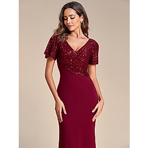 Ever-Pretty Women's Fall V-Neck Short Sleeves Sequin Top Mermaid Long Evening Party Dress Burgundy US10