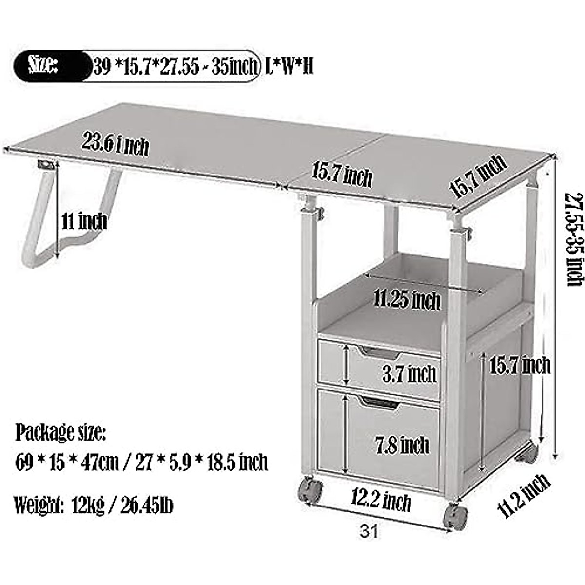 GFertre 2 in 1 Overbed Table with Wheels, Bedroom Side Table, Foldable Bedside Table with Drawer, Height Adjustable Over Bed Desk Laptop Mobile Computer Desk Workstation with Wheels Nightstand (White)