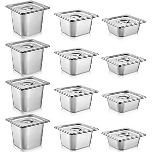 Ziliny 12 Pack Stainless Steel Hotel Pans with Lid 1/6 Size Steam Table Pan Anti Clogging Steamer Pan Restaurant Pans for Buffet Serving Commercial Catering Party, 2.5'' 4'' 6'' Deep, 6.9 x 6.5 Inch