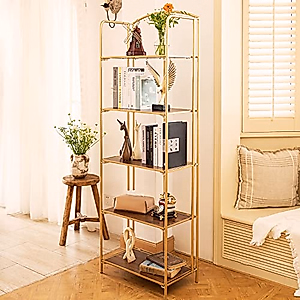 Crofy No Assembly Folding Bookshelf, 5 Tier Gold Bookshelf, Metal Book Shelf for Storage, Folding Bookcase for Office Organization and Storage, 12.87 D x 22.91 W x 68.1 H Inches