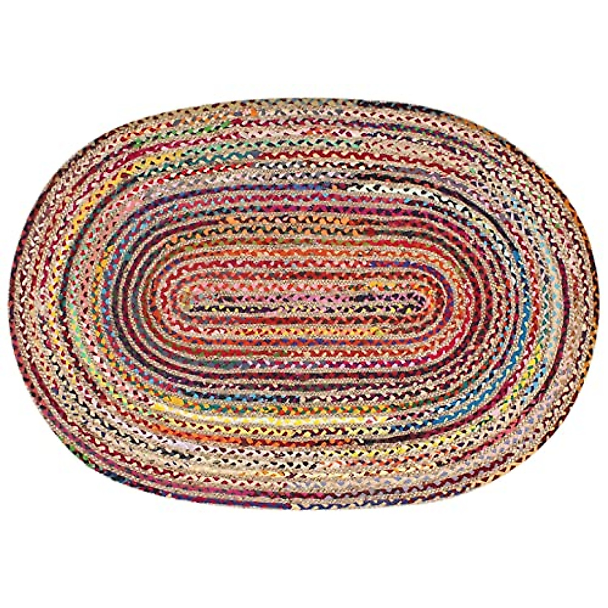 Hand Braided Cotton and Jute Rug - 4x6 feet Oval Reversible Farmhouse Accent Area Rug Boho Rustic Home Decor Colorful Recycled Chindi Carpet