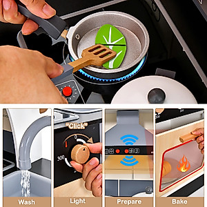 HONEY JOY Kids Kitchen Playset, 2-Piece Modular Wooden Play Kitchen for Toddlers & Refrigerator with Ice Maker, Range Hood, Oven, Little Chef Pretend Toy Kitchen Set with Light & Sound, Gray